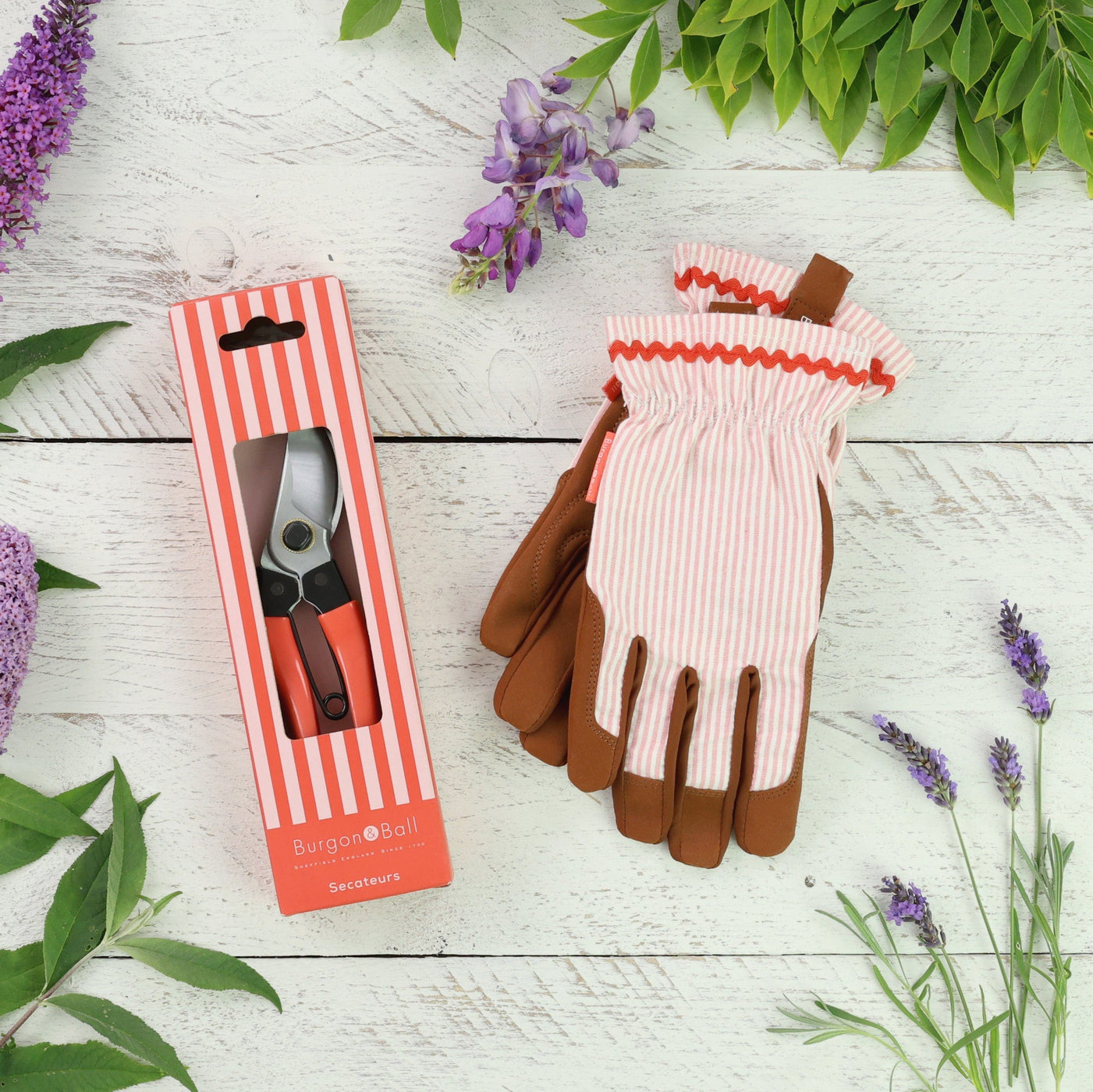 Burgon & Ball Secateurs & Blush Striped Glove Set — Gardening Gifts Co.
