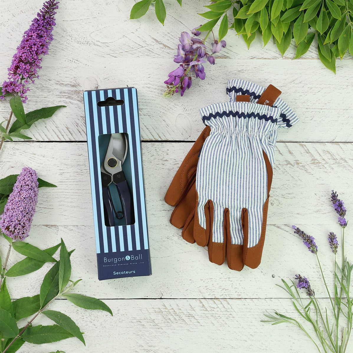 Burgon & Ball Secateurs & Navy Striped Glove Set — Gardening Gifts Co.